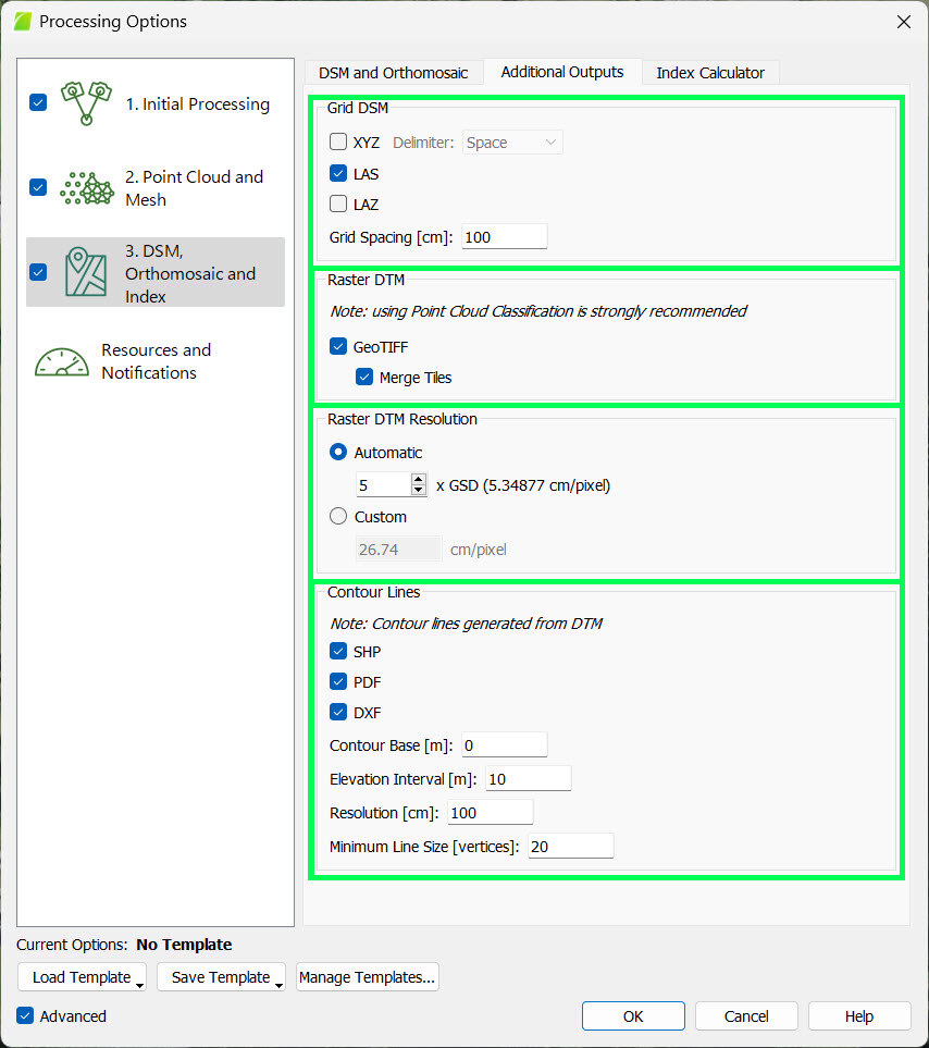 Menu Process > Processing Options... > 3. DSM, Orthomosaic and Index > Additional Outputs ...